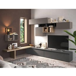 Pharao24.de Wohnwand modern Wohnzimmer Anbauwand in Anthrazit und Eiche hell (elfteilig)