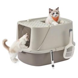 FEANDREA Katzenklo gro&szlig; XXL, Katzentoilette mit Deckel, mit Schaufel und B&uuml;rste khaki