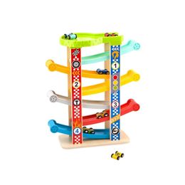 Tooky Toy Holzturm-Rennbahn TY841 Rutschturm auf 7 Ebenen, 6 Rennautos bunt