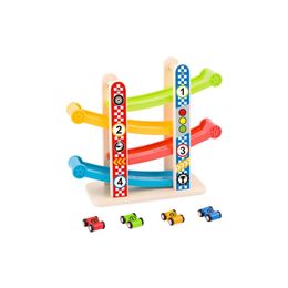 Tooky Toy Holzturm-Rennbahn TY840 klein, Rutschturm auf 4 Ebenen, 4 Rennautos bunt