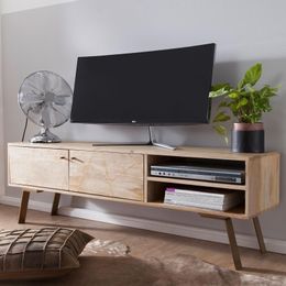 FineBuy Massives TV-Board 145cm Mango Massivholz hell Fernsehschrank mit 2 T&uuml;ren & Ablage Lowboard