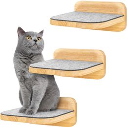 HAPPYPET Katzentreppen 3er-Set f&uuml;r Wandmontage - Nachhaltiges Hartholz, Designer Kletterwand Katzen, Katzentreppe mit Filzbezug, Katzenleiter, Katzenwand zum Klettern, Catwalk Natur 3x Stufen L