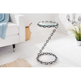 Riess Ambiente Design Beistelltisch CHAINS 35cm silber handmade Metall rund Glasplatte Kettengestell Riess-Ambiente S&auml;ulentisch Industrie & Loft Modern