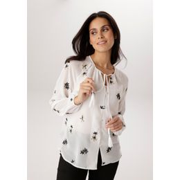 Damen Chiffonblusewollwei&szlig;, schwarz, beige, Gr. 42, Aniston SELECTED, bestickt, gebl&uuml;mt, gemustert, Chiffon, Obermaterial: 100% Polyester, Blusen,