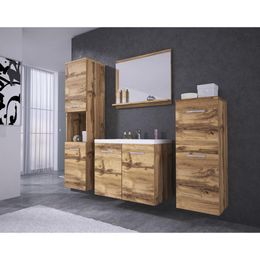 P & B Badezimmer, Eiche Wotan, Holzwerkstoff, 5-teilig, 6 F&auml;cher, 140x133x35 cm, Fsc, h&auml;ngend, Spiegel mit Ablage, Badezimmer, Badm&ouml;belsets & Badm&ouml;belserien, Badm&ouml;bel-Sets