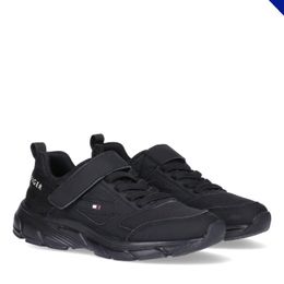 Tommy Hilfiger M&auml;dchen Sneaker, Gr. 34schwarz, Lederimitat, Textil, Schuhe, Freizeitschuh, Halbschuh, Slipper mit elastischen Schn&uuml;rsenkeln