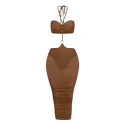 Honeyz - Bodycon Kleid f&uuml;r Damen, Neckholder, Netzmaterial (Braun)