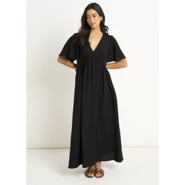 Schwarzes V-Ausschnitt Winkel&auml;rmel Skater Maxikleid