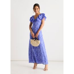 Blaues Maxikleid aus Satin-Jacquard mit R&uuml;schen