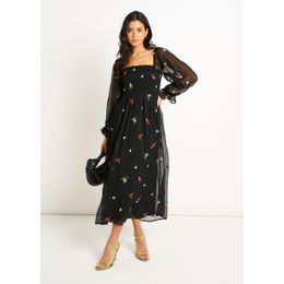Schwarzes gebl&uuml;mtes Chiffonkleid mit Stickerei