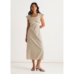 Cremefarbenes Midikleid aus Baumwolle mit Punktedruck und Spitzenbesatz