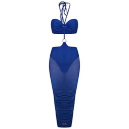 Honeyz - Bodycon Kleid f&uuml;r Damen, Neckholder, Netzmaterial (Blau)