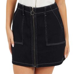 Brave Soul - Minirock f&uuml;r Damen, Durchgehender Rei&szlig;verschluss, Denim, Hoch geschnitten (Schwarz/Wei&szlig;)