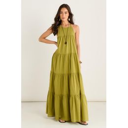 Khakifarbenes, gestuftes Maxikleid im Trapezschnitt mit Neckholder