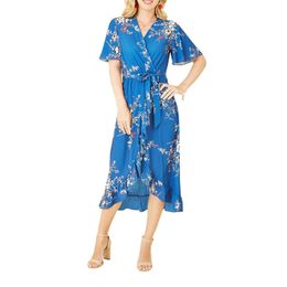 Mela London - Wickelkleid f&uuml;r Damen, V-Ausschnitt, Flatter-&Auml;rmel (Blau)