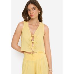 LSCN BY LASCANA Damen Blusentop, gelb, Gr. 34, unifarben, Web, Obermaterial: 58% Viskose, 28% Baumwolle, 14% Leinen, Blusen, mit Schleifendetails