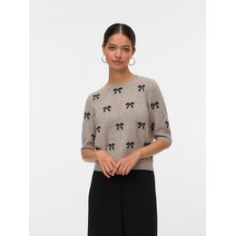 V&eacute;ro Moda VERO MODA Damen Kurzarmpullover "VMDOFFY INTARSIA 2/4 O-NK PULLOV GA NOOS"moon rock detail:with schwarz bows, Gr. XS, Strick, Obermaterial: 94%