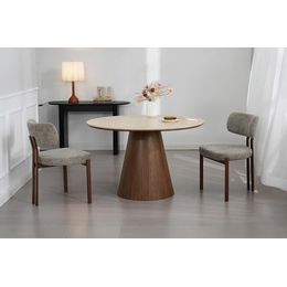 Riess Ambiente Runder Esstisch UNIQUE 120cm braun natur Walnussholz Travertin Keramik S&auml;ulenfu&szlig; Riess-Ambiente Esszimmertisch K&uuml;chentisch 4 Personen