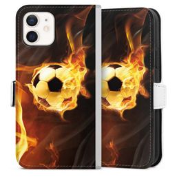 DeinDesign iPhone 12 Handy Klapph&uuml;lle Handyh&uuml;lle aus Kunst Leder wei&szlig; Flip Case Soccer Ball Fire Sideflip mit Lasche
