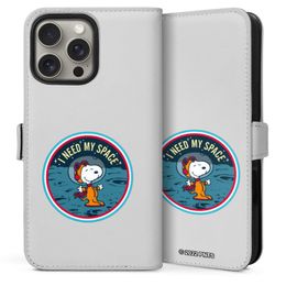 DeinDesign iPhone 16 Pro Handy Klapph&uuml;lle Handyh&uuml;lle aus Kunst Leder wei&szlig; Flip Case Peanuts Weltall Snoopy Sideflip mit Lasche