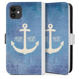 DeinDesign iPhone 11 Handy Klapph&uuml;lle Handyh&uuml;lle aus Kunst Leder wei&szlig; Flip Case Anchor Maritim Blue Sideflip mit Lasche