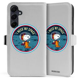 DeinDesign Galaxy A55 5G Handy Klapph&uuml;lle Handyh&uuml;lle aus Kunst Leder wei&szlig; Flip Case Peanuts Weltall Snoopy Sideflip mit Lasche