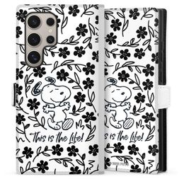 DeinDesign Galaxy S24 Ultra Handy Klapph&uuml;lle Handyh&uuml;lle aus Kunst Leder wei&szlig; Flip Case Peanuts Flowers Snoopy Sideflip mit Lasche