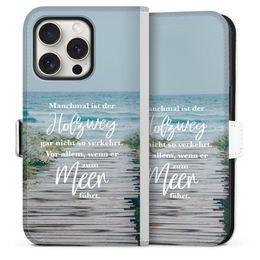 DeinDesign iPhone 15 Pro Handy Klapph&uuml;lle Handyh&uuml;lle aus Kunst Leder wei&szlig; Flip Case Statement Beach Spruch Sideflip mit Lasche