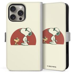 DeinDesign iPhone 16 Pro Handy Klapph&uuml;lle Handyh&uuml;lle aus Kunst Leder wei&szlig; Flip Case Snoopy Official Licensed Product Kindheit Sideflip mit Lasche