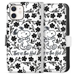 DeinDesign iPhone 12 Handy Klapph&uuml;lle Handyh&uuml;lle aus Kunst Leder wei&szlig; Flip Case Peanuts Flowers Snoopy Sideflip mit Lasche