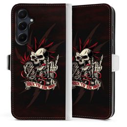 DeinDesign Galaxy A35 5G Handy Klapph&uuml;lle Handyh&uuml;lle aus Kunst Leder wei&szlig; Flip Case Totenkopf Music Rock Sideflip mit Lasche
