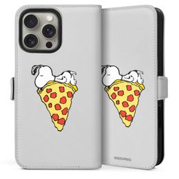 DeinDesign iPhone 16 Pro Handy Klapph&uuml;lle Handyh&uuml;lle aus Kunst Leder wei&szlig; Flip Case Peanuts Pizza Snoopy Sideflip mit Lasche