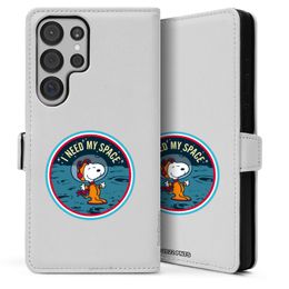 DeinDesign Galaxy S25 Ultra Handy Klapph&uuml;lle Handyh&uuml;lle aus Kunst Leder wei&szlig; Flip Case Peanuts Weltall Snoopy Sideflip mit Lasche