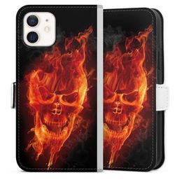 DeinDesign iPhone 12 Handy Klapph&uuml;lle Handyh&uuml;lle aus Kunst Leder wei&szlig; Flip Case Skull Totenkopf Fire Sideflip mit Lasche