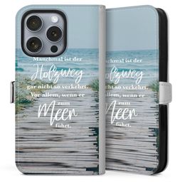 DeinDesign iPhone 16 Pro Max Handy Klapph&uuml;lle Handyh&uuml;lle aus Kunst Leder wei&szlig; Flip Case Spruch Beach Statement Sideflip mit Lasche