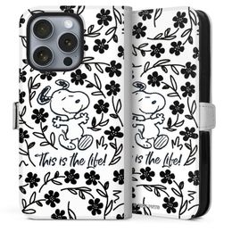 DeinDesign iPhone 16 Pro Max Handy Klapph&uuml;lle Handyh&uuml;lle aus Kunst Leder wei&szlig; Flip Case Peanuts Flowers Snoopy Sideflip mit Lasche