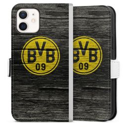 DeinDesign iPhone 12 Handy Klapph&uuml;lle Handyh&uuml;lle aus Kunst Leder wei&szlig; Flip Case Wooden Look Bvb Borussia Dortmund Sideflip mit Lasche
