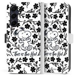 DeinDesign Galaxy A35 5G Handy Klapph&uuml;lle Handyh&uuml;lle aus Kunst Leder wei&szlig; Flip Case Peanuts Flowers Snoopy Sideflip mit Lasche