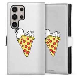 DeinDesign Galaxy S24 Ultra Handy Klapph&uuml;lle Handyh&uuml;lle aus Kunst Leder wei&szlig; Flip Case Peanuts Pizza Snoopy Sideflip mit Lasche