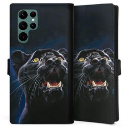 DeinDesign Galaxy S22 Ultra Handy Klapph&uuml;lle Handyh&uuml;lle aus Kunst Leder schwarz Flip Case Panther Animals Jungle Sideflip mit langer Lasche