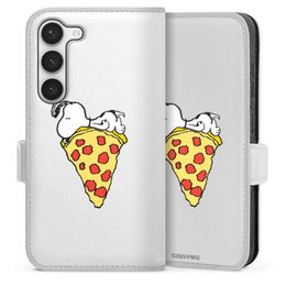 DeinDesign Galaxy S23 Handy Klapph&uuml;lle Handyh&uuml;lle aus Kunst Leder wei&szlig; Flip Case Peanuts Pizza Snoopy Sideflip mit Lasche
