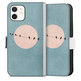 DeinDesign iPhone 12 Handy Klapph&uuml;lle Handyh&uuml;lle aus Kunst Leder wei&szlig; Flip Case Bird Turquoise Moon Sideflip mit Lasche