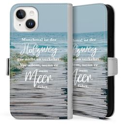 DeinDesign iPhone 14 Handy Klapph&uuml;lle Handyh&uuml;lle aus Kunst Leder wei&szlig; Flip Case Statement Beach Spruch Sideflip mit Lasche