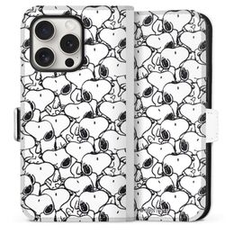 DeinDesign iPhone 15 Pro Handy Klapph&uuml;lle Handyh&uuml;lle aus Kunst Leder wei&szlig; Flip Case Peanuts Snoopy Muster Sideflip mit Lasche