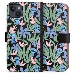 DeinDesign iPhone 14 Plus Handy Klapph&uuml;lle Handyh&uuml;lle aus Kunst Leder schwarz Flip Case Disney Muster Lilo & Stitch Sideflip mit langer Lasche