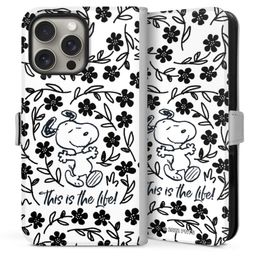 DeinDesign iPhone 16 Pro Handy Klapph&uuml;lle Handyh&uuml;lle aus Kunst Leder wei&szlig; Flip Case Peanuts Flowers Snoopy Sideflip mit Lasche
