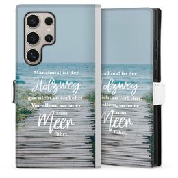 DeinDesign Galaxy S24 Ultra Handy Klapph&uuml;lle Handyh&uuml;lle aus Kunst Leder wei&szlig; Flip Case Statement Beach Spruch Sideflip mit Lasche