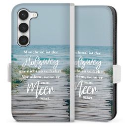DeinDesign Galaxy S23 Handy Klapph&uuml;lle Handyh&uuml;lle aus Kunst Leder wei&szlig; Flip Case Statement Beach Spruch Sideflip mit Lasche