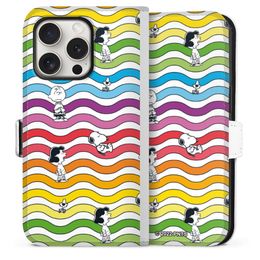 DeinDesign iPhone 15 Pro Handy Klapph&uuml;lle Handyh&uuml;lle aus Kunst Leder wei&szlig; Flip Case Snoopy Muster Peanuts Sideflip mit Lasche
