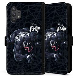 DeinDesign Galaxy A32 5G Handy Klapph&uuml;lle Handyh&uuml;lle aus Kunst Leder schwarz Flip Case Spiderman Marvel Venom Sideflip mit langer Lasche